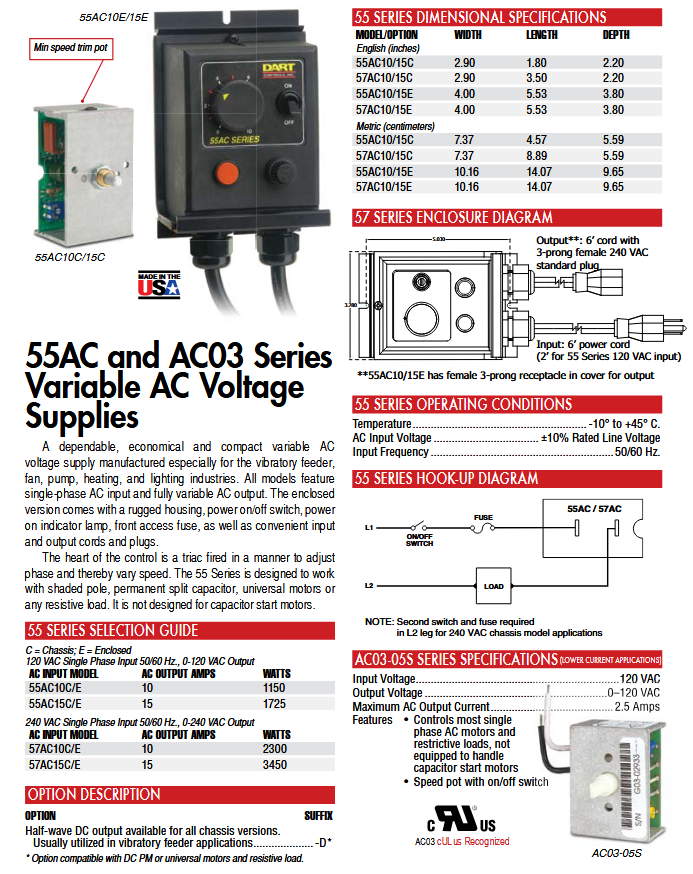 55AC15C, 55 Series Ac Triac Voltage Controls 120VAC 15A Chassis | E ...