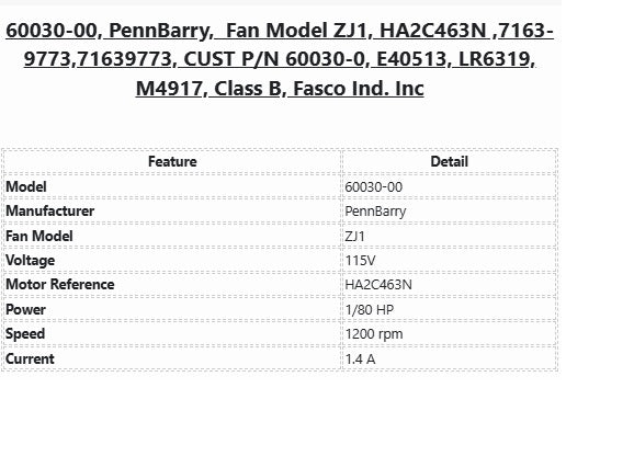60030-0, PennBarry,Fan Model ZJ1,115V, HA2C463N ,1/80Hp,1200 Rpm,1.4A ...