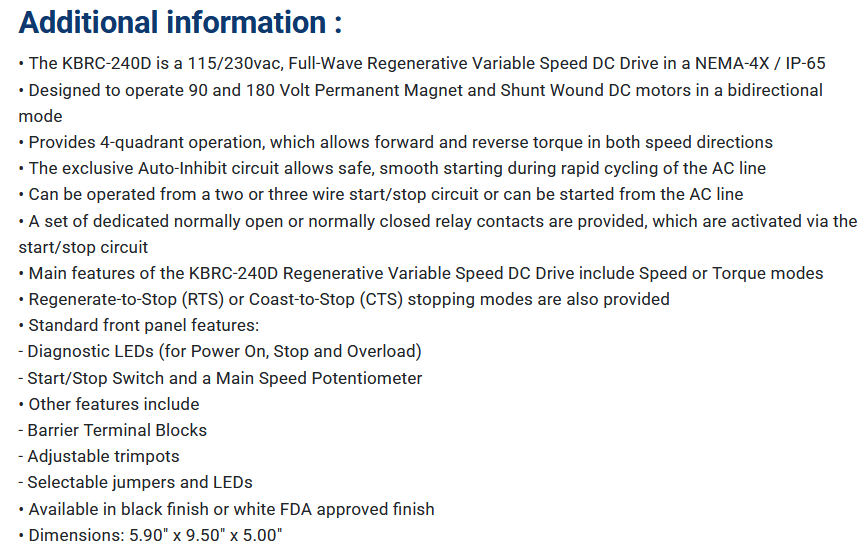8841, (KBRC-240D) SCR DC Drive 1Hp-2Hp 115/230VAC Input 90/180VDC ...