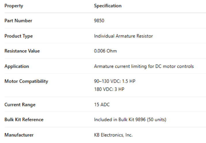 9850, INDIVIDUAL RESISTOR .006 Ohm ARMATURE 1.5HP 90-130VDC ~ 3HP ...