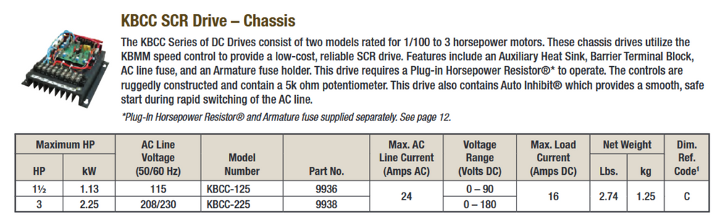 9936, (KBCC-125) SCR DC Drive 1.5Hp 16A 115VAC 1PH Input 90VDC Output ...