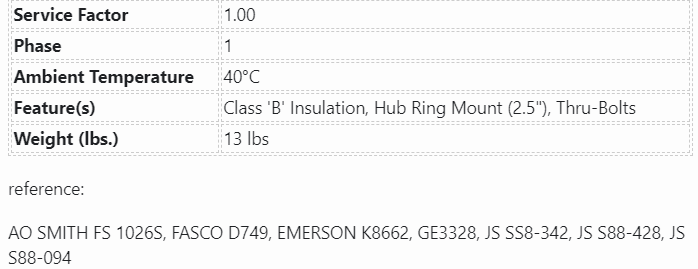 0500,HE3F795N, AO Smith, 1/4Hp, 1 Phase, 1075 Rpm, 208/230 Volts, ODP ...