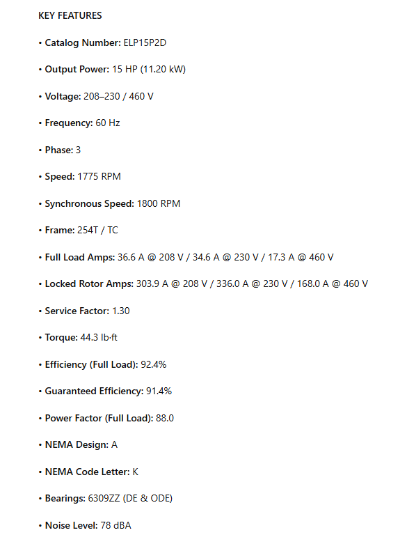 ELP20P3D, 20Hp, 1185RPM, 208-230/460V, 3Ph, 60-50Hz, TEFC, Frame 286T ...