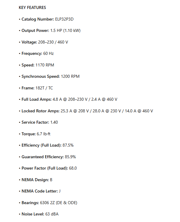ELP32P3G, 1.5Hp, 1170RPM, 575V, 3Ph, 60Hz, TEFC, Frame 182T, IP55, eLl ...