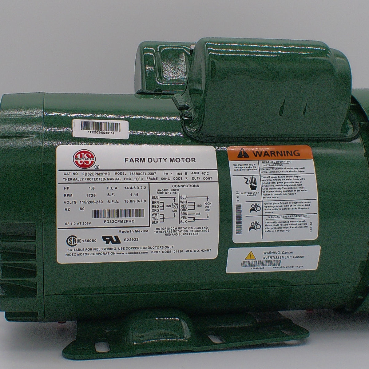 FD32CM2PHC, Nidec, 1.5 Hp, 1725 Rpm, 115-208/230V, Frame: 56HC, TEFC ...