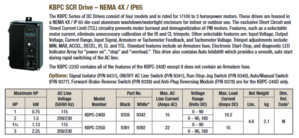 9342, (KBPC-240D) SCR DC Drive 1Hp-2Hp 10.2A 115/230VAC Input 90/180VDC ...