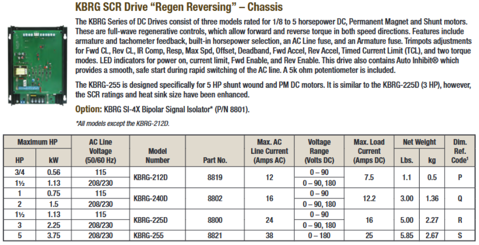 8802, (KBRG-240D) SCR DC Drive 1Hp-2Hp 12.2A 115/230VAC Input 90/180VDC ...