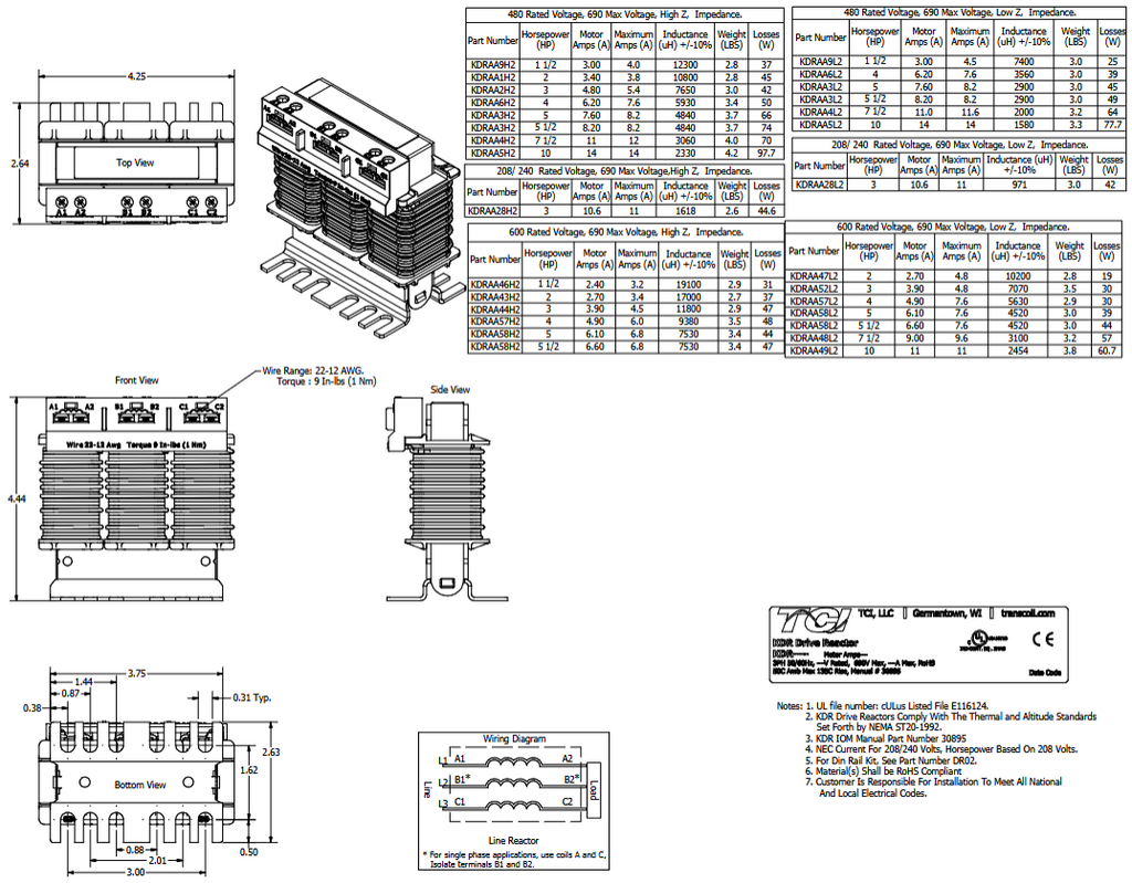 KDRAA48L2, 3% LINE/LOAD REACTOR 600V 7.5Hp 9A NOMINAL 10.4A MAX 42.9W ...