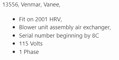 13556, Venmar, Vanee, 2001 HRV, Blower unit assembly air exchanger, | E ...