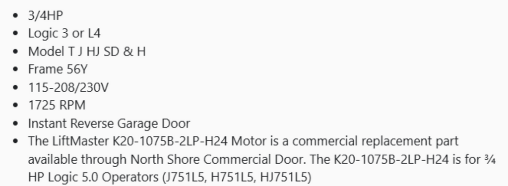 C48D06F21, LiftMaster, 3/4 HP, 1725, 115-208/230V, Fr 56Y,20-1075B-2LP ...