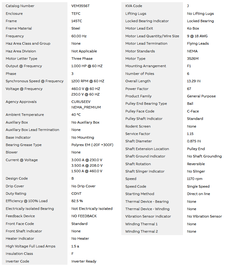 VEM3556T, 1Hp, 1170 RPM, 230/460V, 3PH, 60HZ, 145TC, 3526M, TEFC, F1 ...