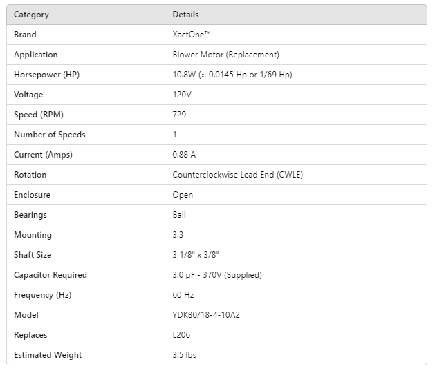 X99080843, XactOne , Blower Motor , 120V , 729 RPM , 60HZ , 1/69 Hp | E ...