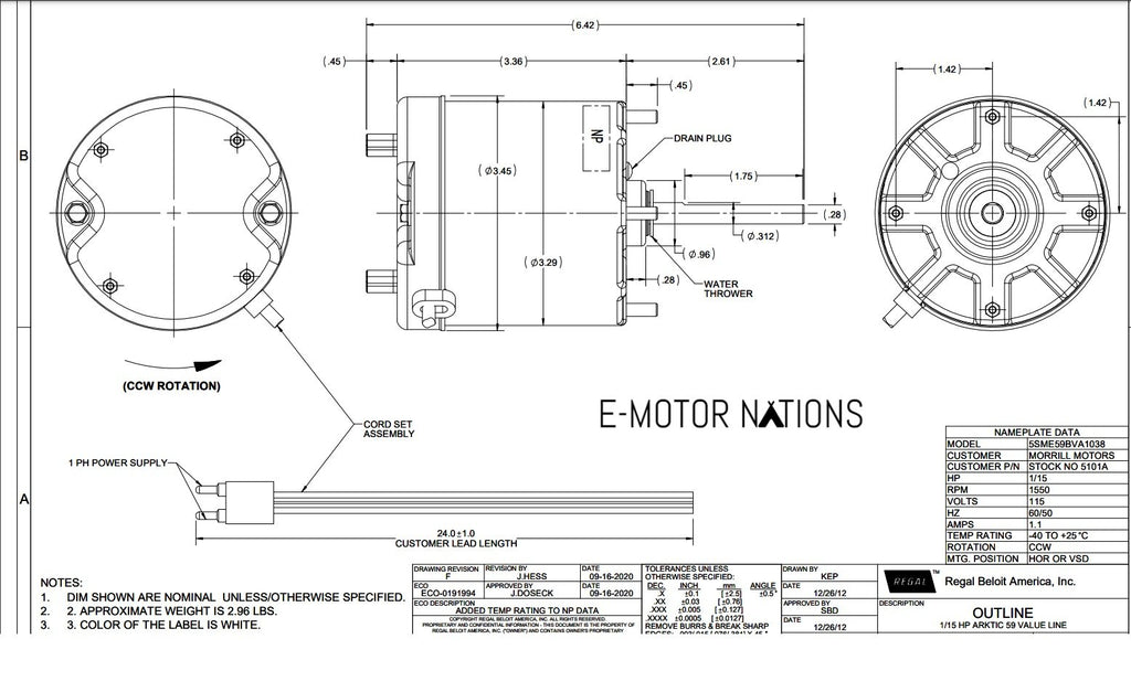 5101A, Morrill Motor, 5SME59BVA1038, 1/15 Hp,1550 Rpm, 115 Volts,TEAO ...