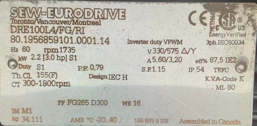 Sew Eurodrive, DRE100L4/FG/RI, 2.2Kw,300-1735 Rpm,575V,DRN100LM4/FG/R ...